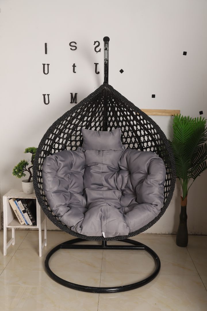 PE Rattan Egg Swing Chair Black Basket with Cushion and Black Stand ...